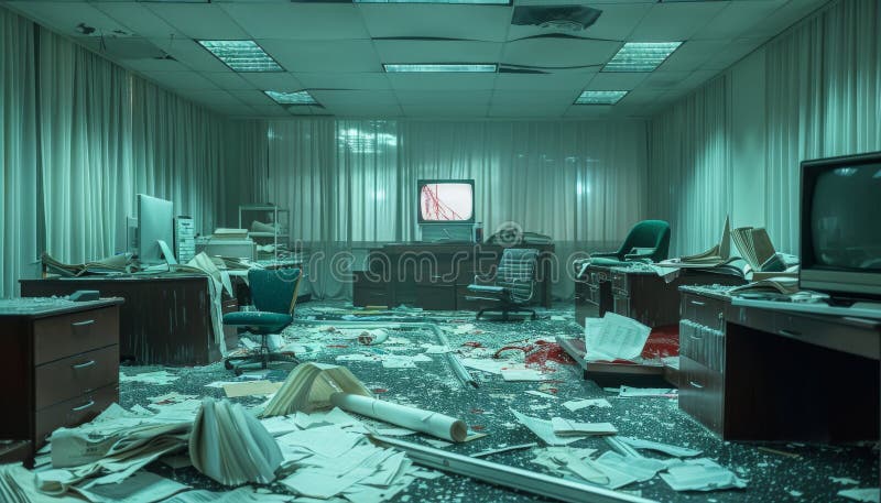 Neglected Eerie Office Space with Broken Furniture and Paper Clutter ...