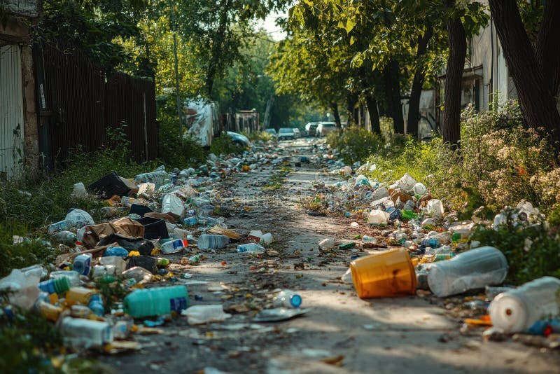 Trash Littering a Neglected Pathway in an Urban Area Surrounded by ...