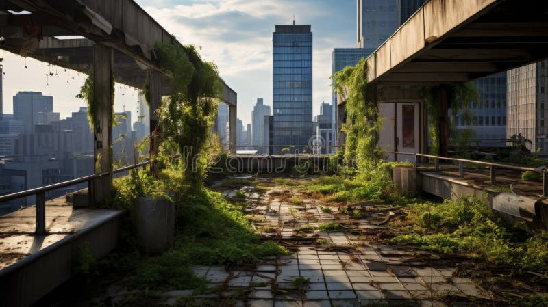Neglected Rooftop Garden with Overgrown Plants, Silent and Abandoned ...
