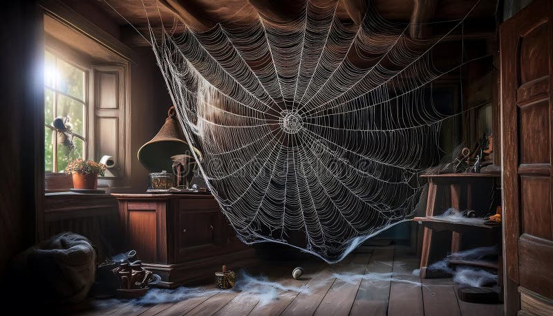 An Abandoned Spider Web Stretches Across an Old Dusty Corner in a ...
