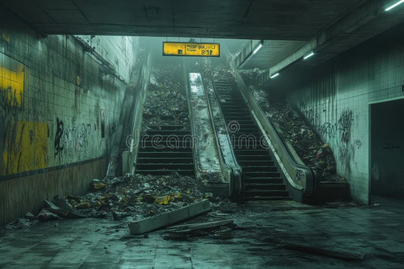 Abandoned Subway Station with Escalators Covered in Trash and Graffiti ...