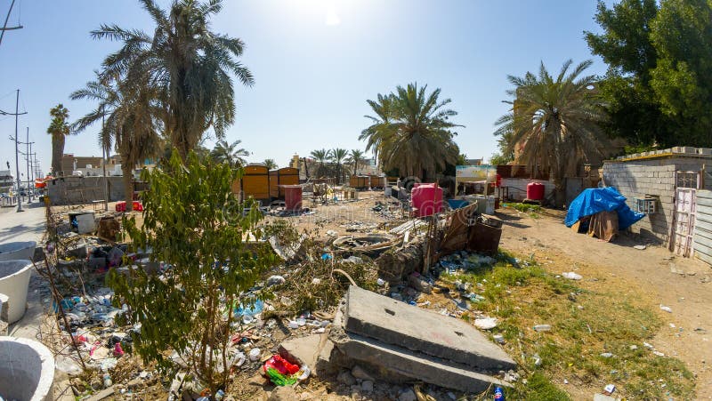 Neglected Urban Area with Palm Trees and Trash Stock Photo - Image of ...