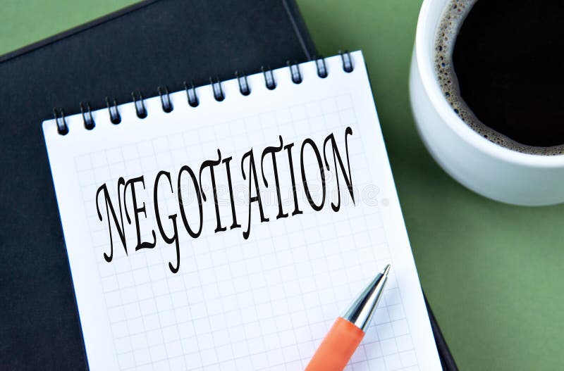 NEGOTIATION - Word in Notebook on Green Background with Cup of Coffee ...