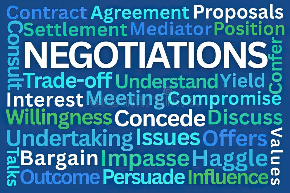 Negotiations Word Cloud on Blue Background Stock Illustration ...