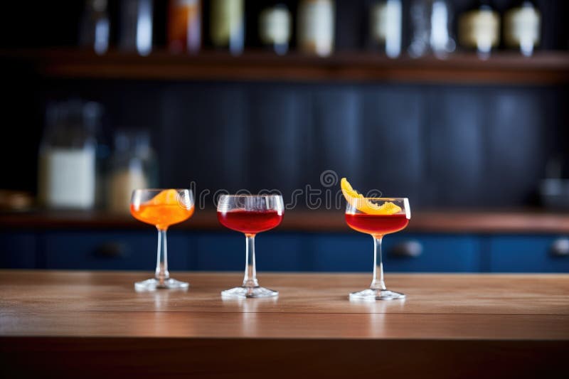 Negroni Trio Lined Up on Wood Bar Top, Gradient Lighting Stock Photo ...