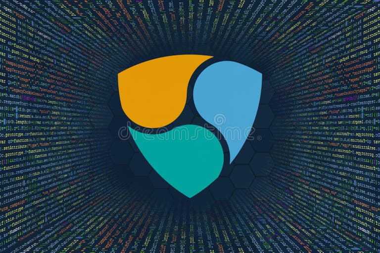 NEM, Xem Cryptocurrency Symbol. a Tunnel from a Computer Program Code ...