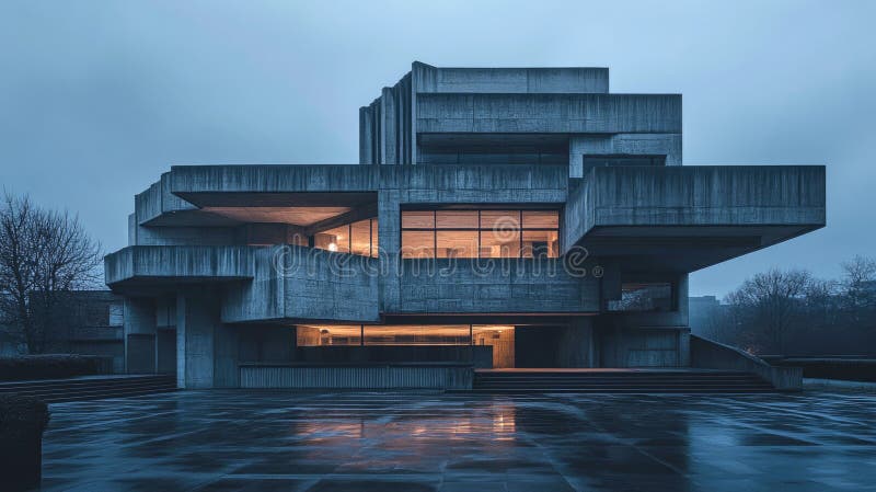Neo Brutalist Concrete Structure Illuminated at Twilight with ...