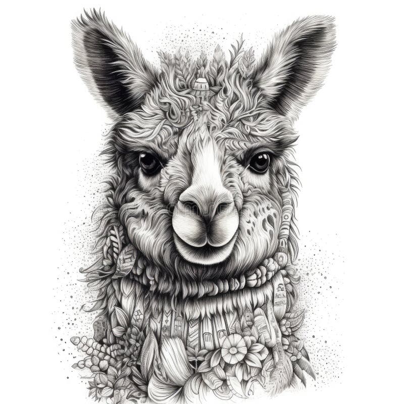 Neo-Traditional Alpaca with Crown in Impressionistic Blackwork Style on ...