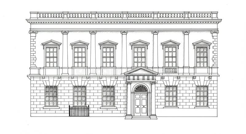 Neoclassical Architectural Drawing Features a Symmetrical Facade with ...