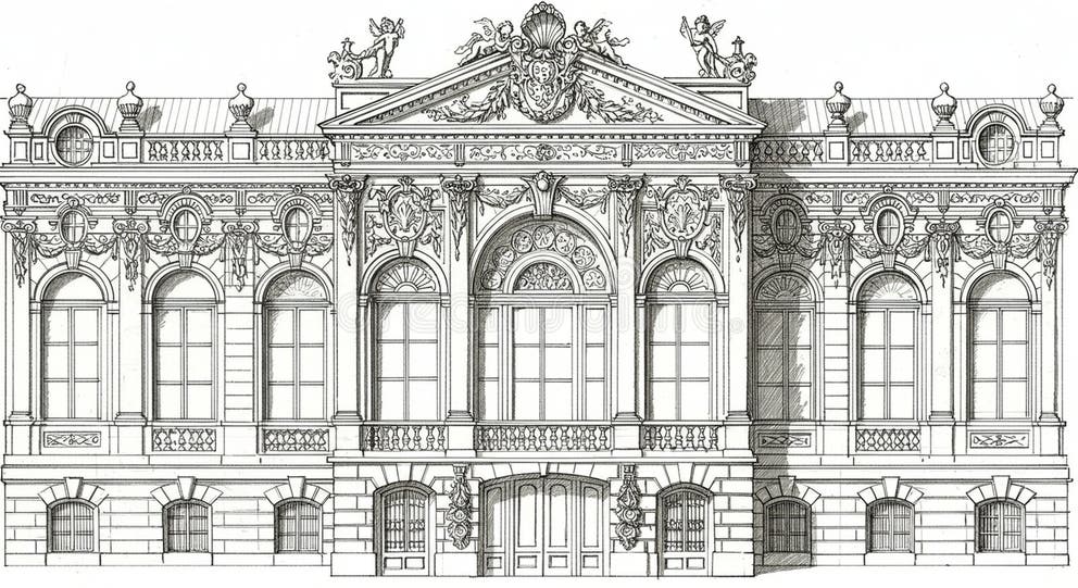 Neoclassical Architectural Illustration Featuring an Elaborate Facade ...