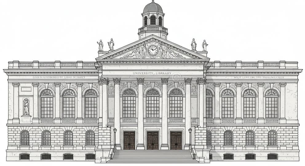 Neoclassical Architectural Illustration of a University Library Facade ...