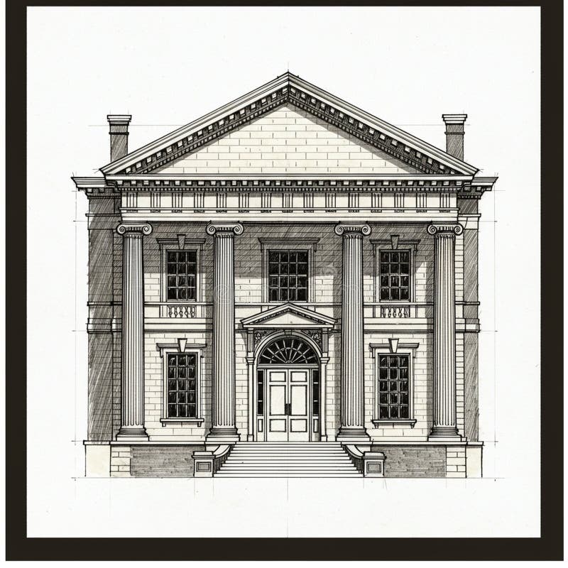 Neoclassical Architectural Sketch of a Symmetrical Building Featuring ...