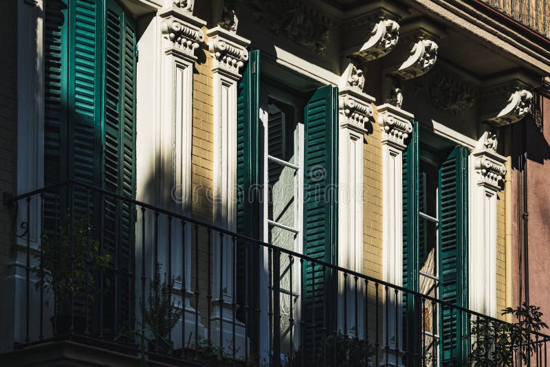 Neoclassical Balcony Railing and Wooden Shutter Stock Image - Image of ...