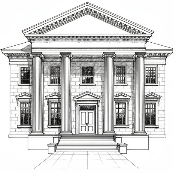 Neoclassical Building Drawing Featuring Four Tall Ionic Columns ...