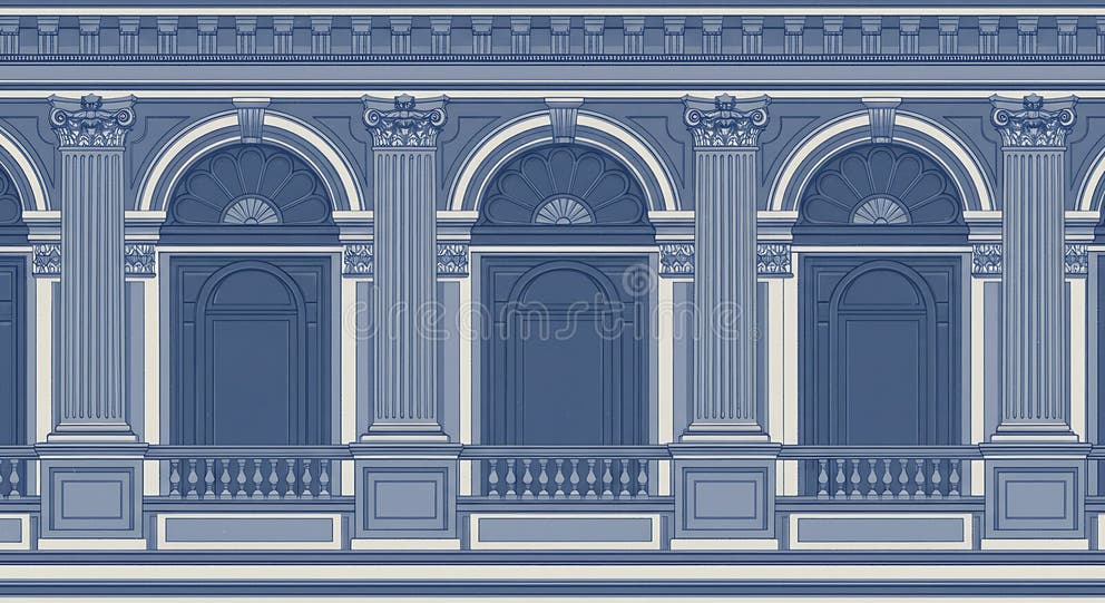 Neoclassical Building Facade Featuring a Row of Three Large Arched ...
