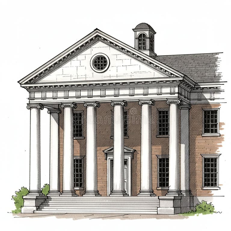 Neoclassical Building Illustration Featuring a Symmetrical Facade with ...