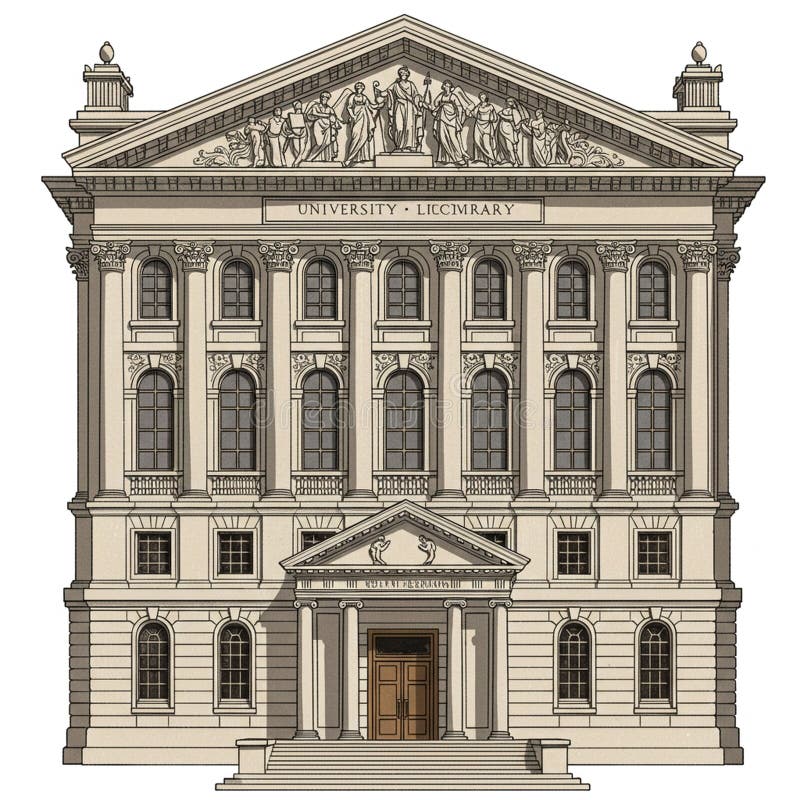 Neoclassical Building Illustration with Symmetrical Design, Featuring ...
