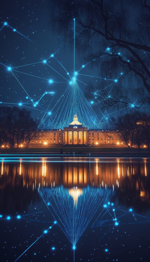 Neoclassical Building Reflected in Water with Futuristic Blue Network ...