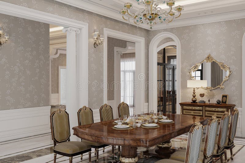 A Neoclassical Dining Room, with Dynamic and Classic Chairs, a Table ...