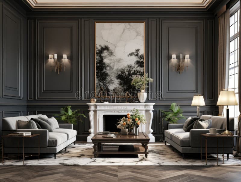 Neoclassical Interior Design of Living Room with Black Marble Paneling ...