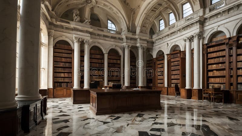 Neoclassical Library with Vaulted Ceilings, Marble Floors, and Towering ...