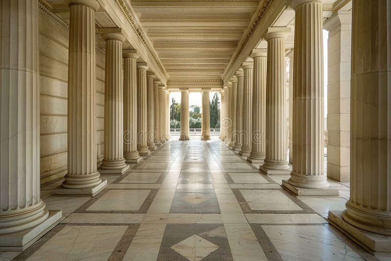 Neoclassical Long Hallway with Columns and Marble Floors, Explore the ...