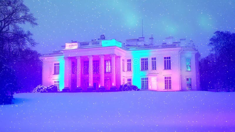 The Neoclassical Palace Facade is Adorned with Colorful Lights at Night ...