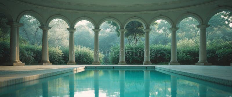 Neoclassical Pool House with Arched Windows and Turquoise Swimming Pool ...