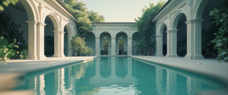 Neoclassical Pool House with Arched Windows and Turquoise Swimming Pool ...