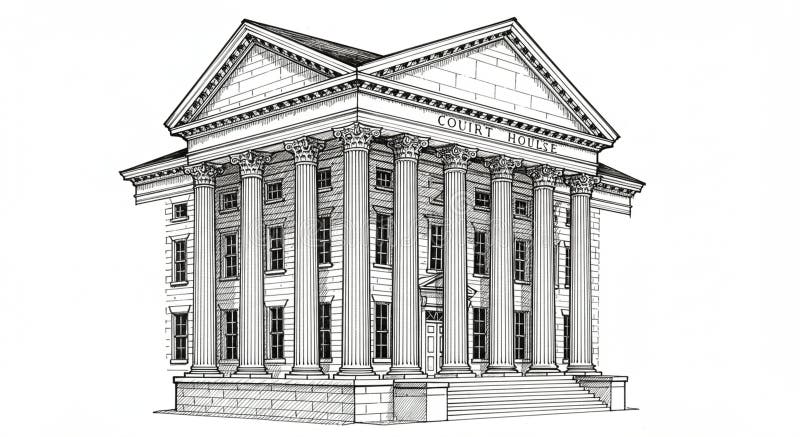 Neoclassical-style Courthouse Drawing Featuring a Symmetric Façade with ...
