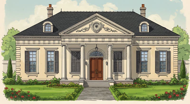 Neoclassical-style Single-story House Featuring a Symmetrical Facade and a Stock Illustration ...
