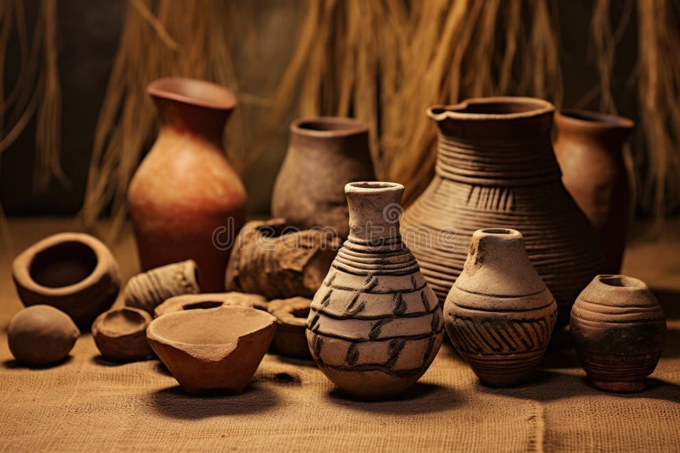 Neolithic Pottery Pieces Arranged on a Wooden Surface Stock Image ...