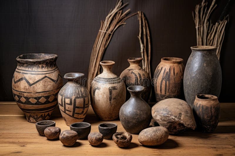 Neolithic Pottery Pieces Arranged on a Wooden Surface Stock Image ...