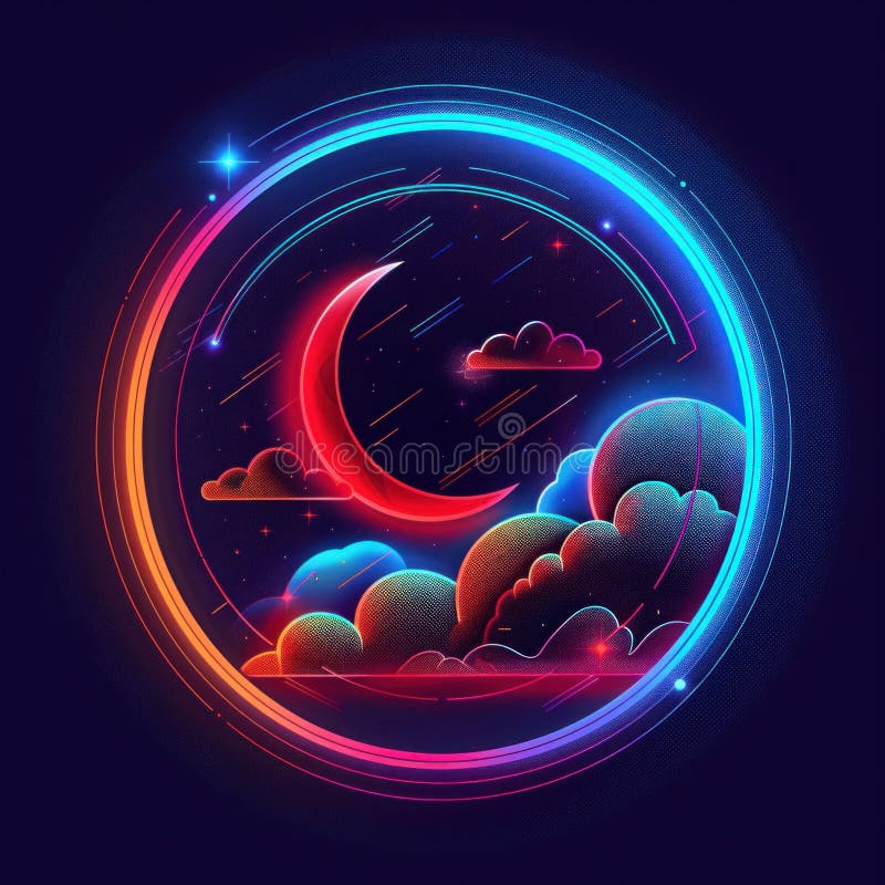 Neon Abstract Night Sky with Crescent Moon and Clouds. Generative Ai ...