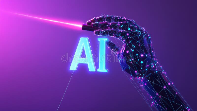 Neon AI Hand Interacting with Glowing Letters Stock Illustration ...