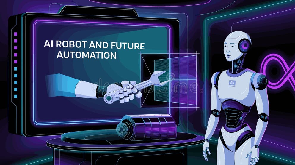 Neon Ai Robot and Future Automation Technology on Screen. Artificial ...