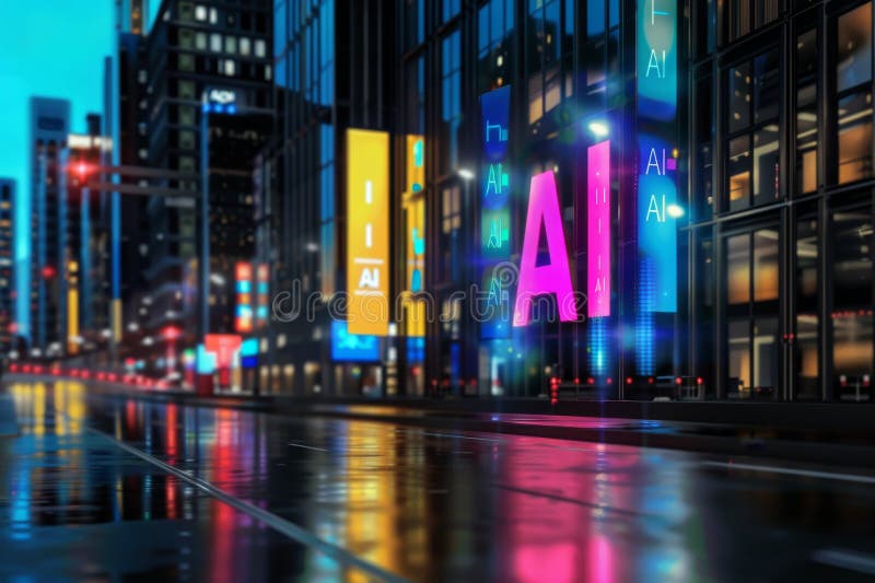 Neon AI Signs in a Futuristic Cityscape, Representing the Integration ...
