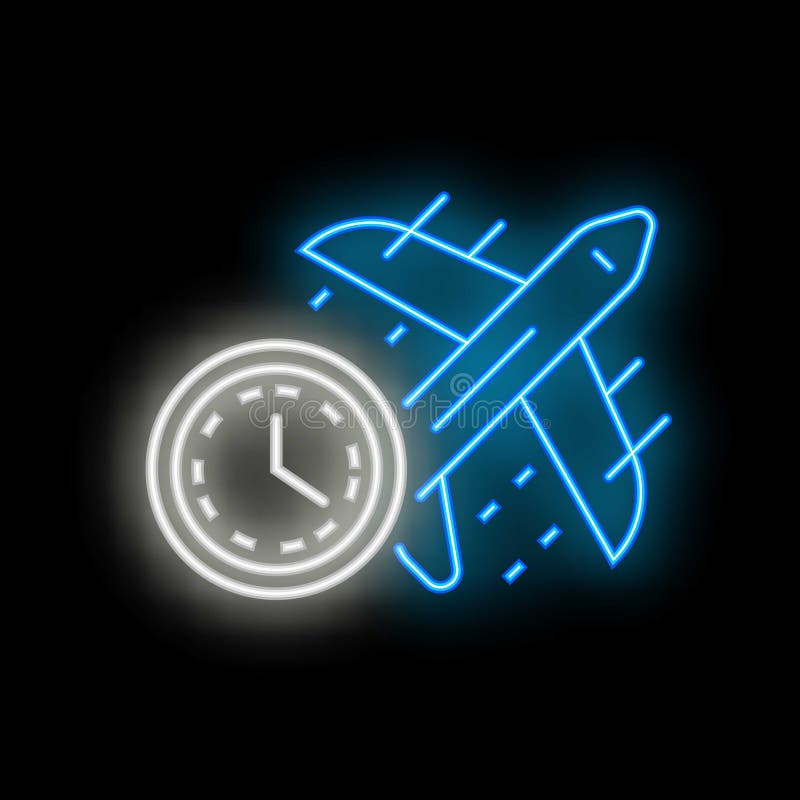 Neon Airplane Taking Off with Clock Depicting Flight Time Stock ...