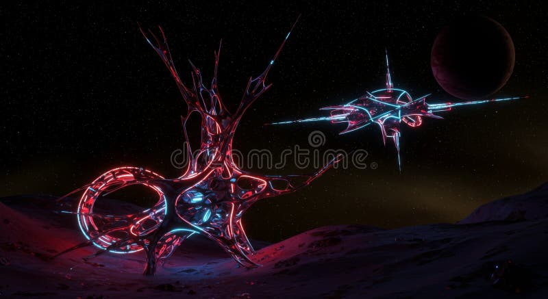 Neon Alien Structure on Red Planet at Night Stock Illustration ...