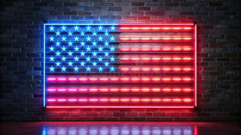 Neon American Flag Brick Wall, Red and Blue Lights Stock Illustration ...