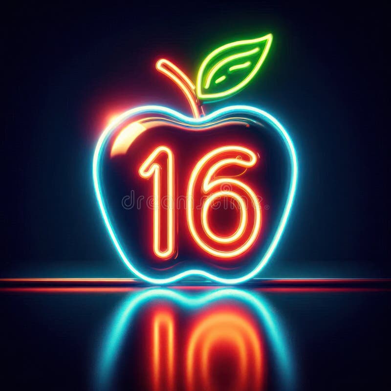 Neon Apple with the Number 16 on a Dark Background. Stock Image - Image ...