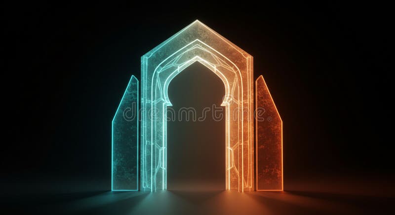 A Neon Arch Structure with Transparent, Glowing Outlines, Divided into ...