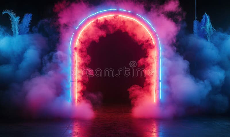 Neon Archway Illuminated with Vibrant Colors Surrounded by Fog and ...