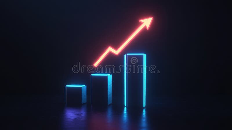 Neon Arrow Growing Over Glowing Bar Graph in Dark Room Stock ...