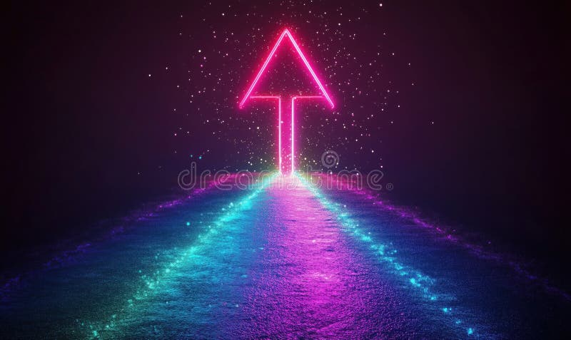 Neon Arrow Pointing Upwards with Colorful Light Trails and Sparkling ...