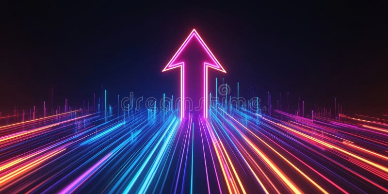 Neon Arrow Pointing Upwards with Vibrant Light Trails in a Dark ...