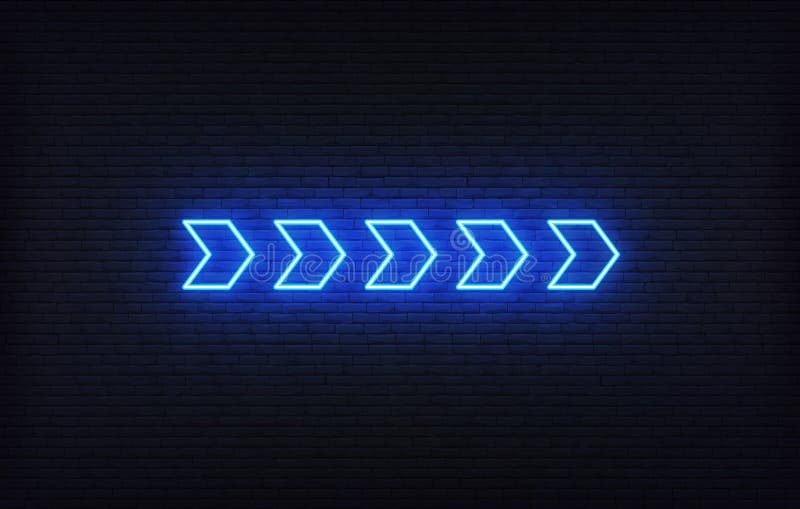 Neon Arrow Sign. Set of Blue Glowing Neon Arrow Pointer on Brick Wall ...