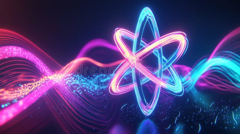 Neon Atom Symbol Glowing with Futuristic Energy Waves Stock ...
