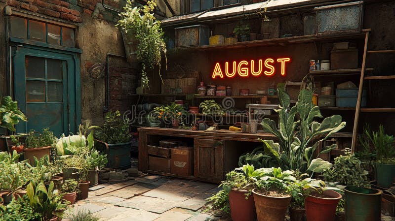 Neon August Sign in a Lush Garden Setting Celebrating Tranquility ...
