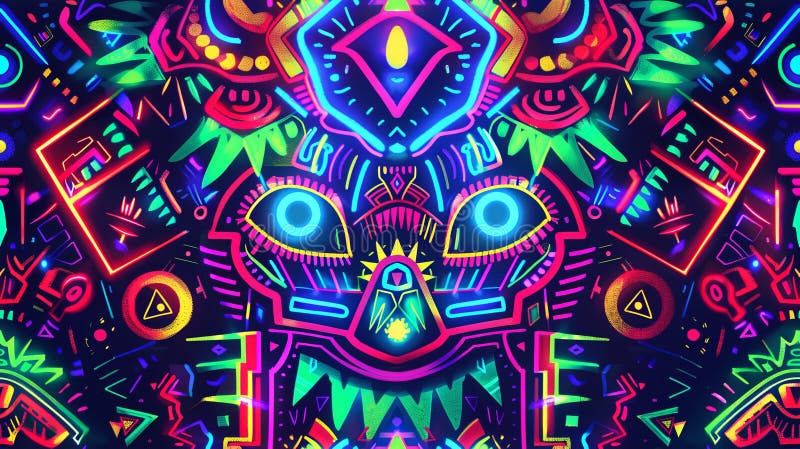 Neon Aztec Pattern with Vibrant Energy. Futuristic Light Effects for ...